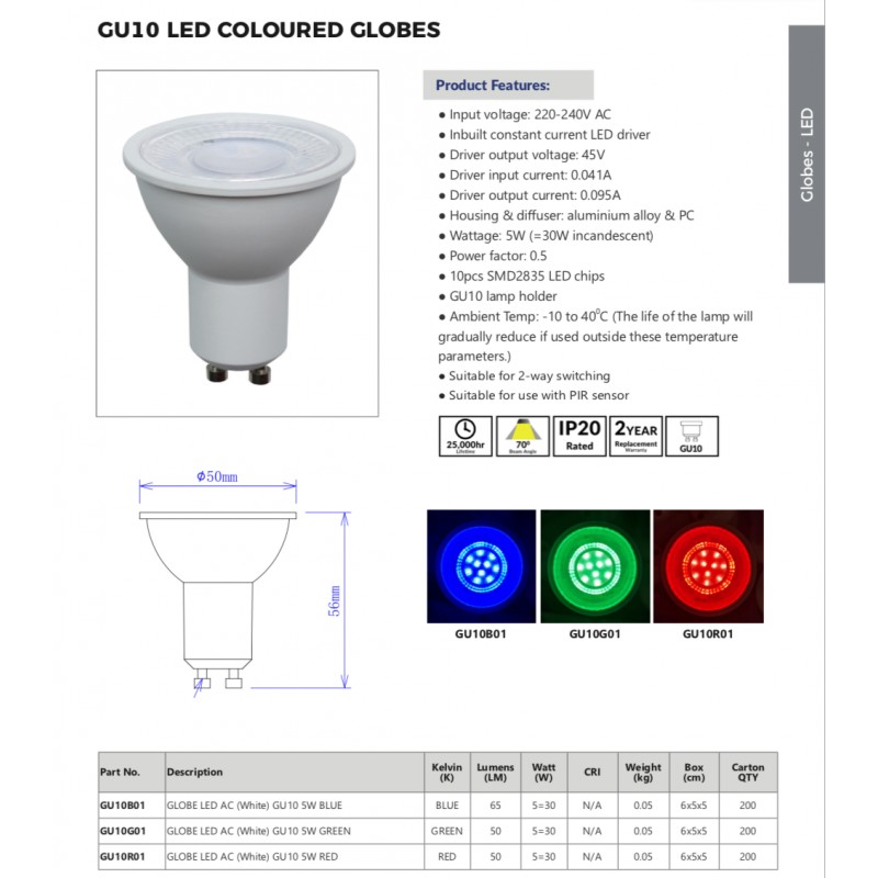 LED GU10 (240V) AC 5W Red - Moonlite
