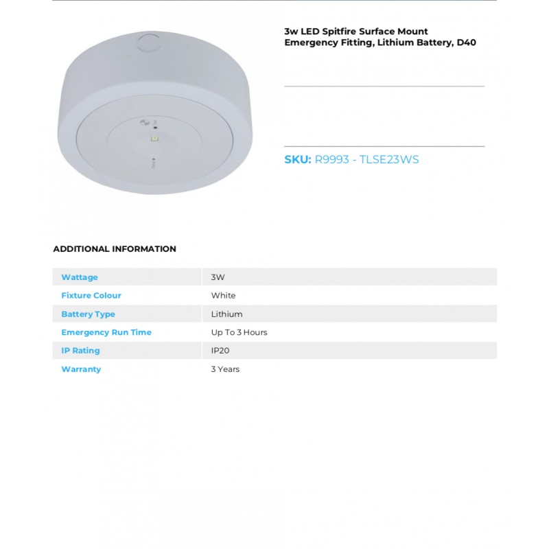 3w LED Spitfire Surface Mount Emergency Fitting, Lithium Battery, D40 ...